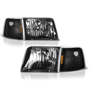 vipmotoz black housing oe-style headlight & corner side marker lamp assembly for 1993-1997 ford ranger, driver & passenger side