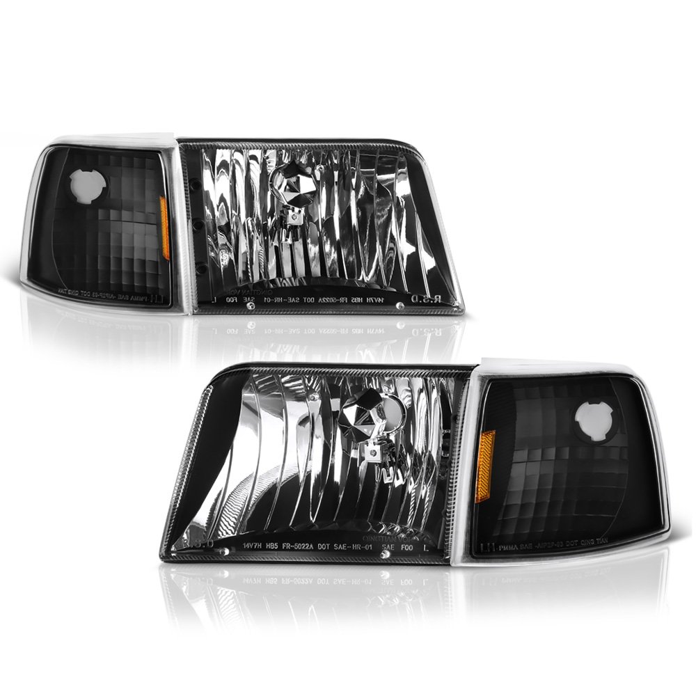 VIPMOTOZ Black Housing OE-Style Headlight & Corner Side Marker Lamp Assembly For 1993-1997 Ford Ranger, Driver & Passenger Side