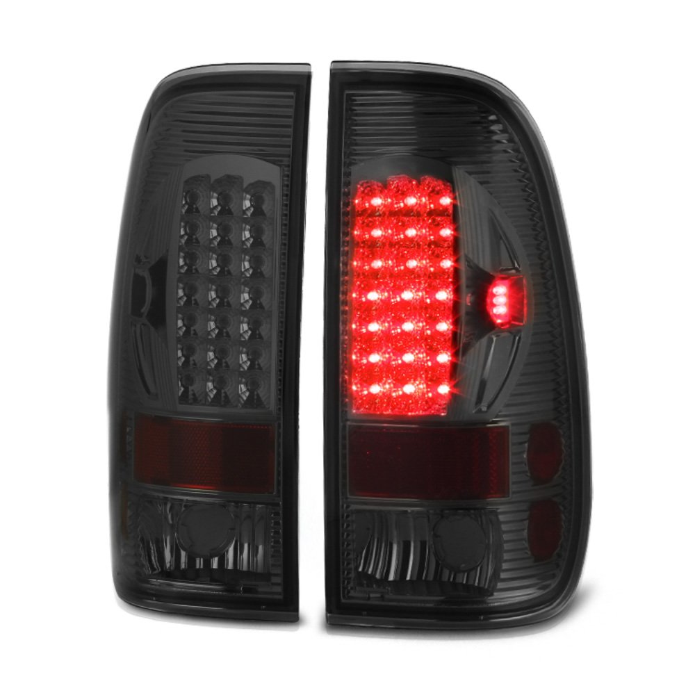 VIPMOTOZ LED Tail Light Lamp Assembly For 1997-2003 Ford F150 & 1999-2007 Ford Superduty F250 F350 Pickup Truck - Metallic Chrome Housing, Smoke Lens, Driver and Passenger Side