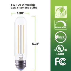 Bioluz LED 94 CRI T10 LED Bulb 40W (Uses only 5W) E26 Base Filament Bulb Soft White 3000K T10 LED Edison Bulb Works with Dimmable or Non-Dimmable UL-Listed Title 20 High Efficacy Lighting 6-Pack