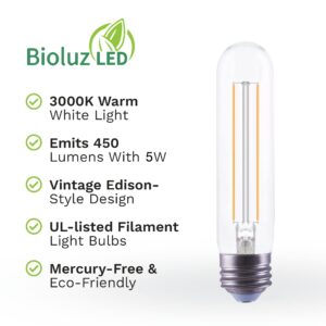 Bioluz LED 94 CRI T10 LED Bulb 40W (Uses only 5W) E26 Base Filament Bulb Soft White 3000K T10 LED Edison Bulb Works with Dimmable or Non-Dimmable UL-Listed Title 20 High Efficacy Lighting 6-Pack