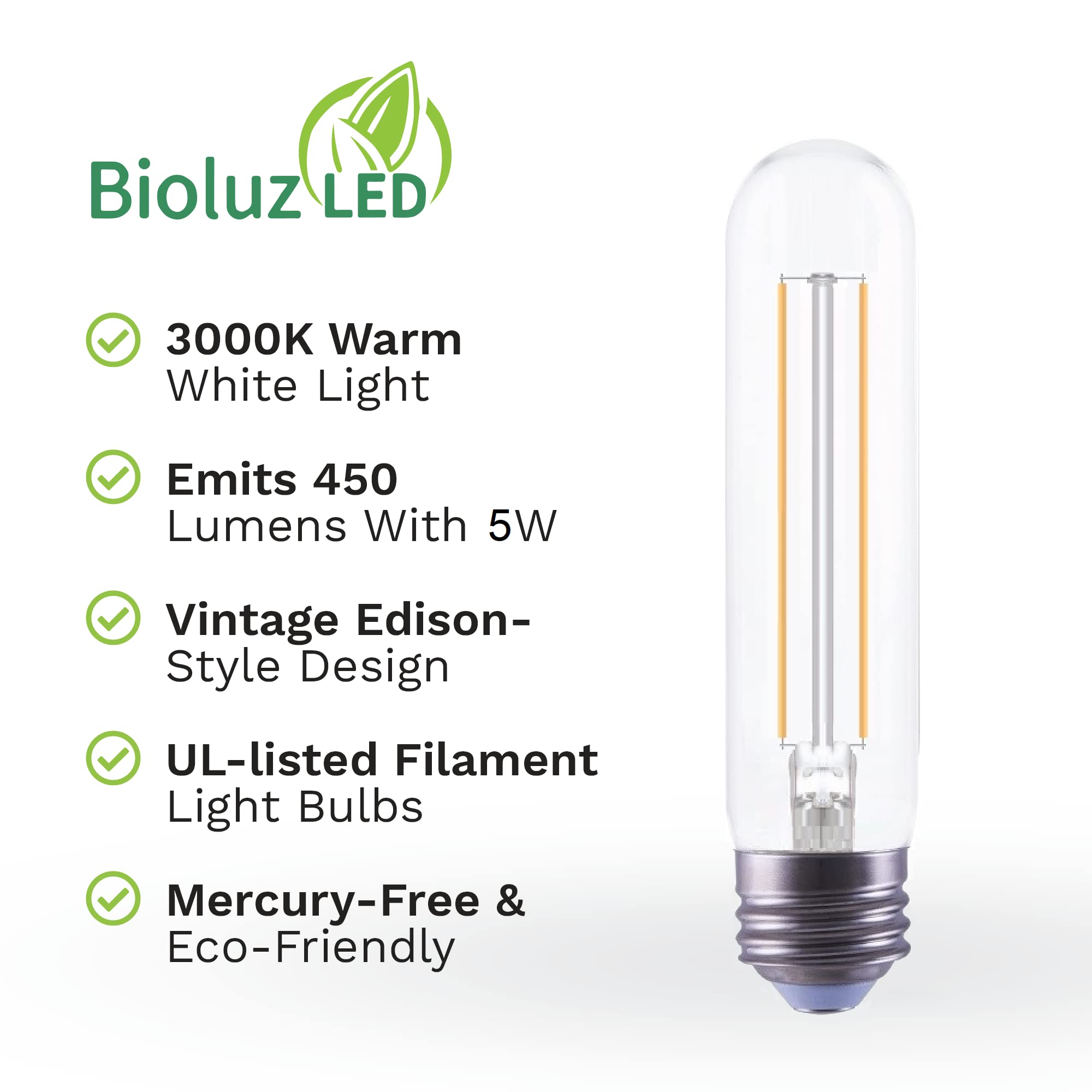 Bioluz LED 94 CRI T10 LED Bulb 40W (Uses only 5W) E26 Base Filament Bulb Soft White 3000K T10 LED Edison Bulb Works with Dimmable or Non-Dimmable UL-Listed Title 20 High Efficacy Lighting 6-Pack