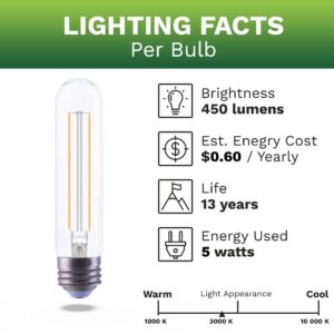 Bioluz LED 94 CRI T10 LED Bulb 40W (Uses only 5W) E26 Base Filament Bulb Soft White 3000K T10 LED Edison Bulb Works with Dimmable or Non-Dimmable UL-Listed Title 20 High Efficacy Lighting 6-Pack