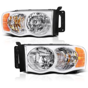 vipmotoz chrome housing oe-style headlight headlamp assembly for 2002-2005 compatible with dodge ram 1500 2500 3500 pickup truck, driver & passenger side