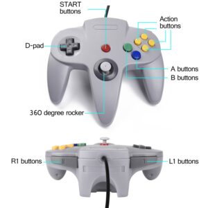 SAFFUN Classic N64 Controller, N64 Wired USB PC Game pad Joystick, N64 Bit USB Wired Game Stick Joy pad Controller for Windows PC MAC Linux Raspberry Pi 3 Sega Genesis Higan (Grey)