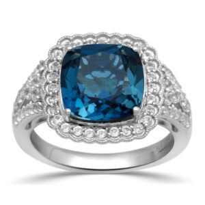 jewelili sterling silver 10 mm cushion shape london blue topaz, round white topaz and 1.5 mm round emerald stone on both side halo ring, size 7