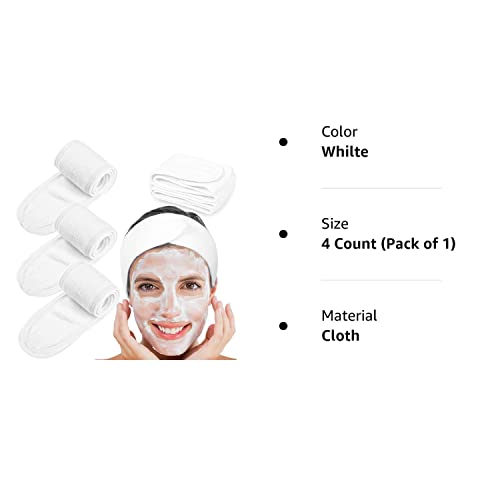 4 Counts Spa Facial Headband Whaline Head Wrap Terry Cloth Headband Stretch Towel with Magic Tape for Bath, Makeup and Sport, 3.5" Wide (White)