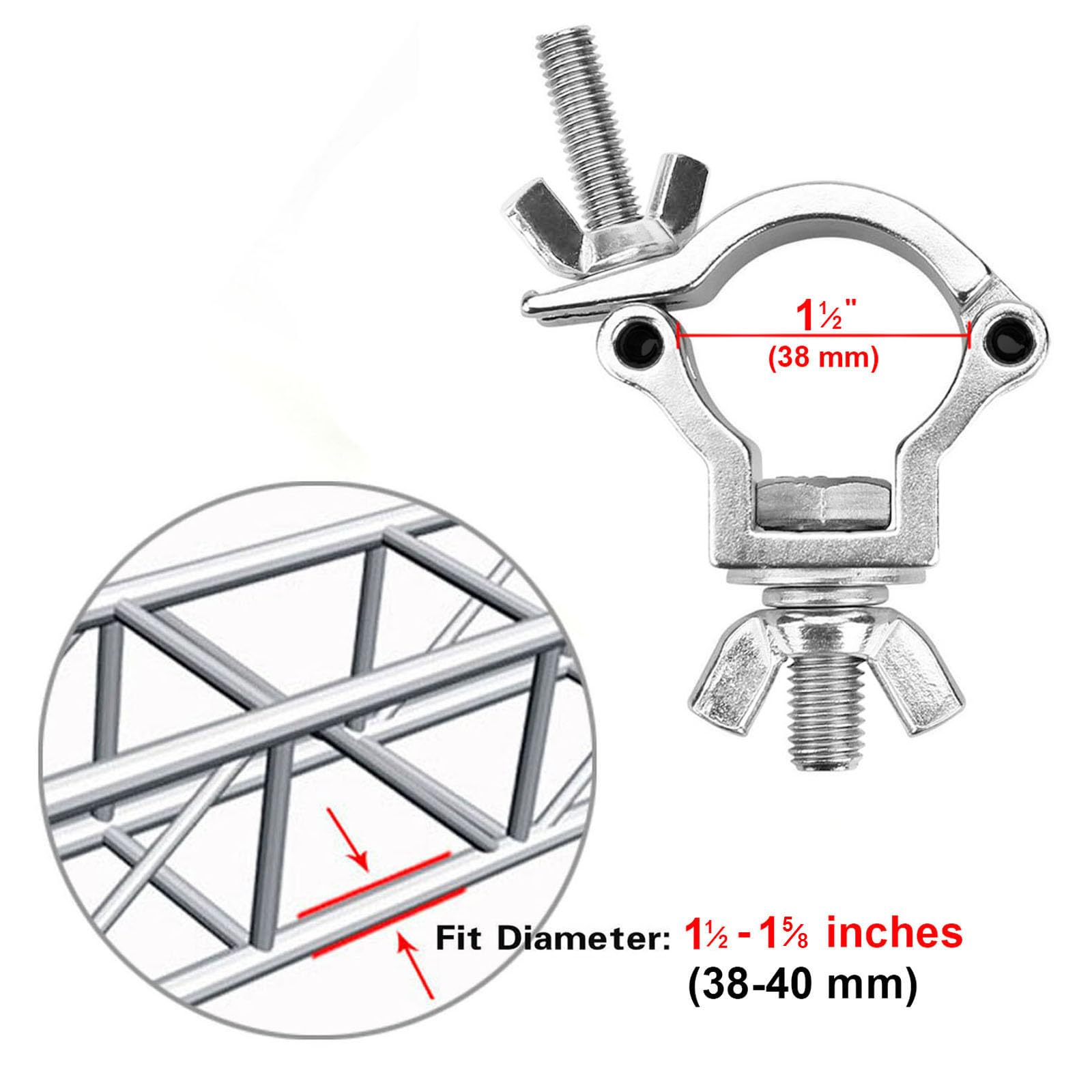 10 Pack 1-1/2 Inch OD Stage Lighting Clamp, Single Buckle Quick Lock Truss Mount Hook Fit for 1-1/2" -1-9/16" OD Pipe, Heavy Duty 165 Lbs for DJ Par Lighting Spot Lights Moving Head, Aluminum 6061