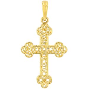 14k yellow gold textured filigree eastern orthodox cross pendant (medium)