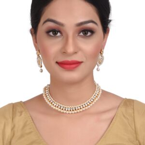 Efulgenz Pearl Indian Choker Indian Pearl Necklace Indian Faux Pearl Necklace Jewelry Set Cz Cubic Zirconia Beaded Choker Necklace Earrings Jewelry Set