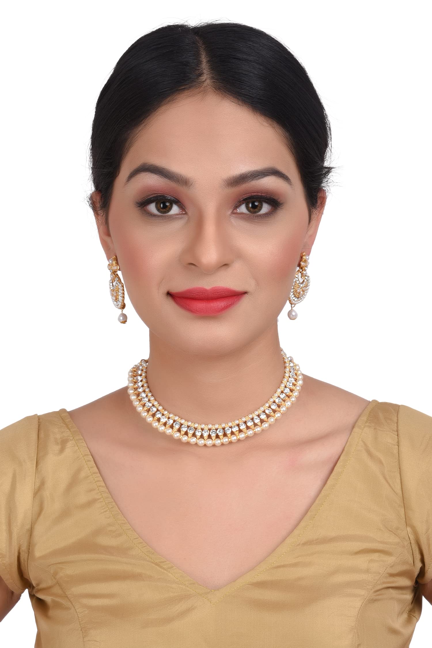 Efulgenz Pearl Indian Choker Indian Pearl Necklace Indian Faux Pearl Necklace Jewelry Set Cz Cubic Zirconia Beaded Choker Necklace Earrings Jewelry Set