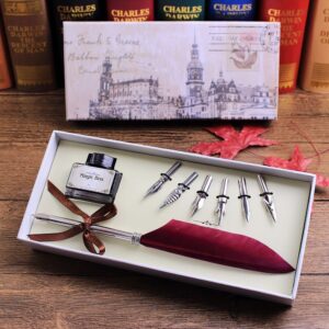 feather quill pen and ink english calligraphy pen set antique dip pen with ink and 6 pcs nibs for drawing,writing, best holiday gifts