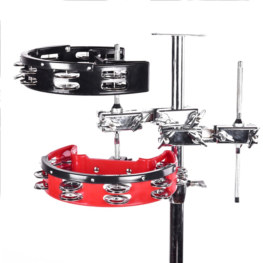 Drum Set Tambourine with Mounting Eye Bolt,Hi Hat tambourine(Black,Red) (8 double rows of jingles, Black)