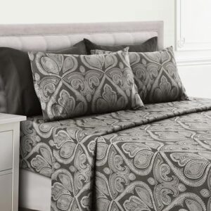 lux decor queen sheet set, 6-pc cooling bed set, breathable hotel style sheets, microfiber sheets deep pockets, easy-fit, soft & wrinkle free oeko-tex paisley bed sheets (queen, grey)