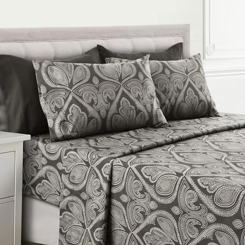 Lux Decor Queen Sheet Set, 6-Pc Cooling Bed Set, Breathable Hotel Style Sheets, Microfiber Sheets Deep Pockets, Easy-Fit, Soft & Wrinkle Free Oeko-Tex Paisley Bed Sheets (Queen, Grey)