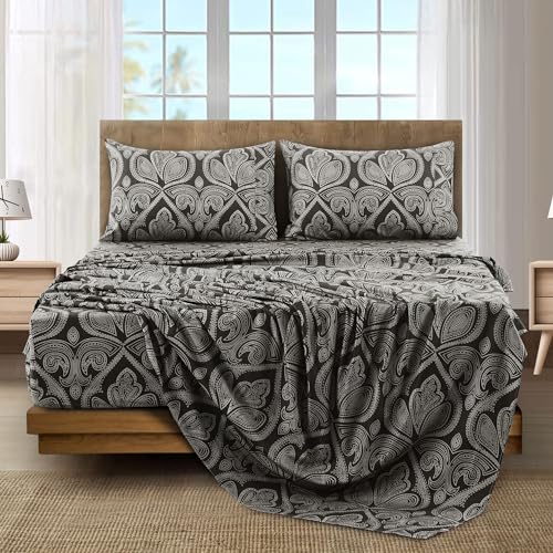 Lux Decor Queen Sheet Set, 6-Pc Cooling Bed Set, Breathable Hotel Style Sheets, Microfiber Sheets Deep Pockets, Easy-Fit, Soft & Wrinkle Free Oeko-Tex Paisley Bed Sheets (Queen, Grey)