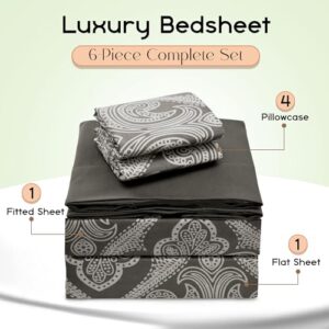 Lux Decor Queen Sheet Set, 6-Pc Cooling Bed Set, Breathable Hotel Style Sheets, Microfiber Sheets Deep Pockets, Easy-Fit, Soft & Wrinkle Free Oeko-Tex Paisley Bed Sheets (Queen, Grey)