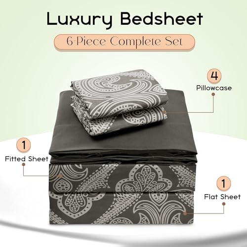 Lux Decor Queen Sheet Set, 6-Pc Cooling Bed Set, Breathable Hotel Style Sheets, Microfiber Sheets Deep Pockets, Easy-Fit, Soft & Wrinkle Free Oeko-Tex Paisley Bed Sheets (Queen, Grey)