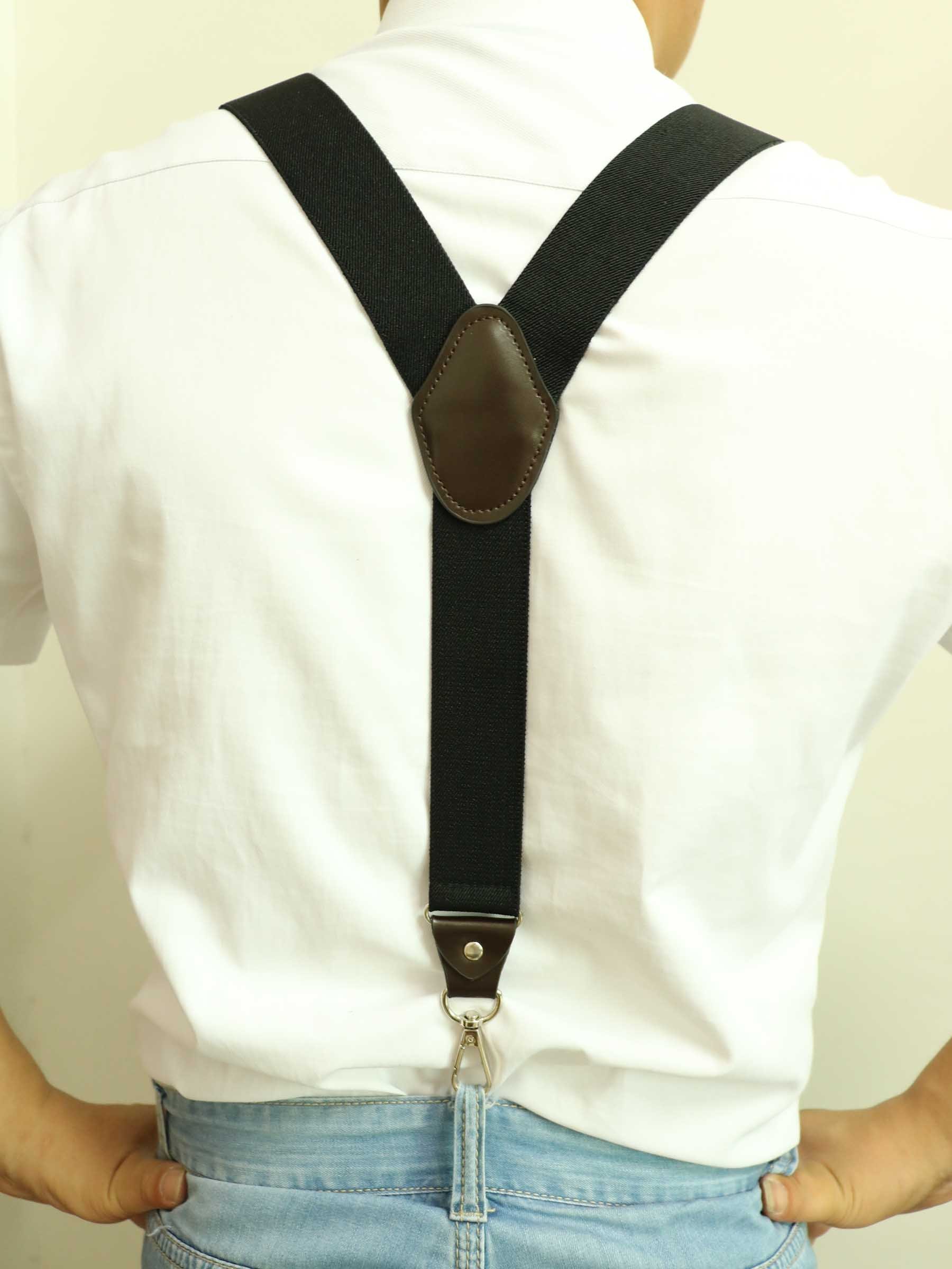 JIERKU Romanlin Mens Suspenders for Work 3 Swivel Hook Clips Y-Back for Groomsmen Leather Black