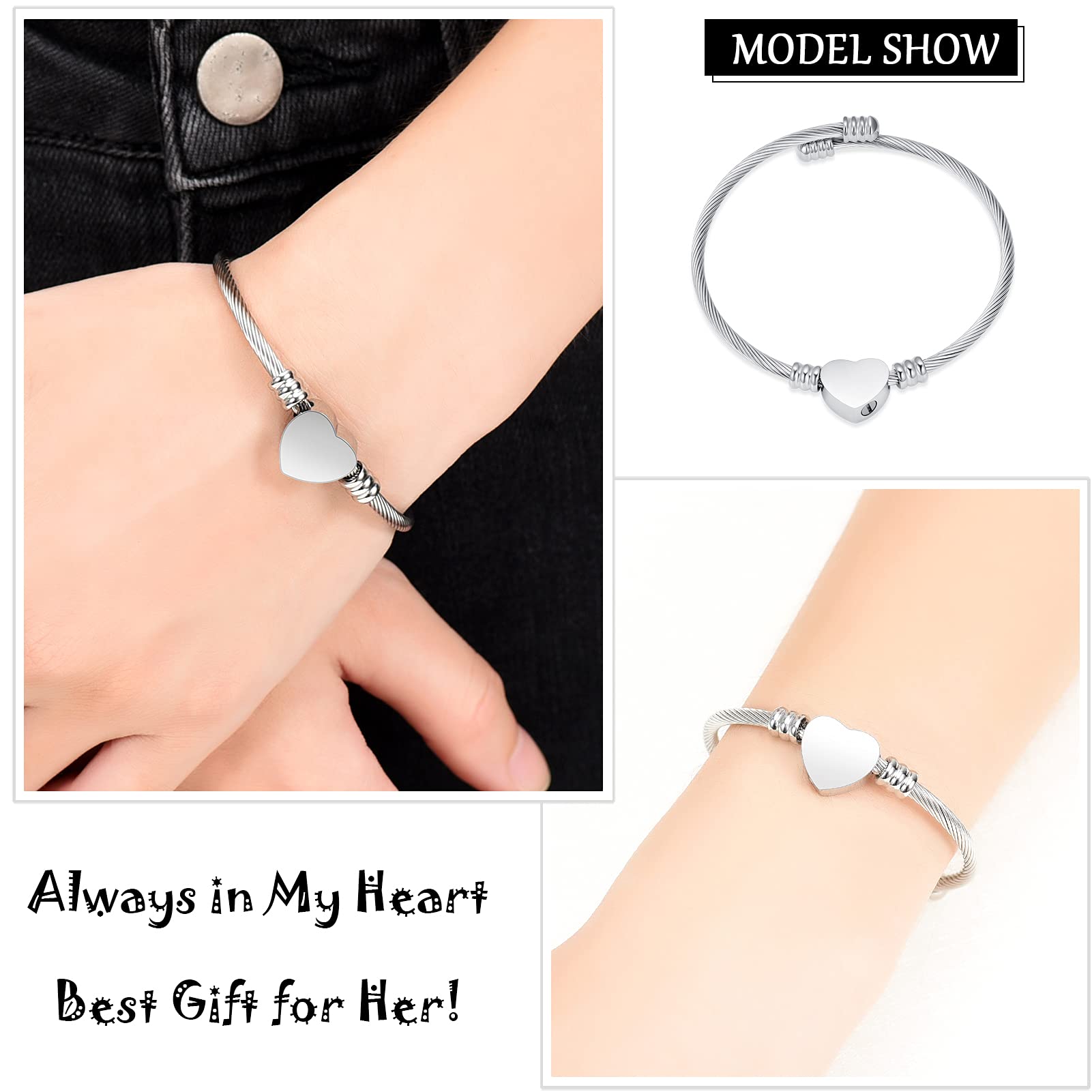 constantlife Cremation Bracelet for Ashes Memorial Jewelry Stainless Steel Heart Shape Urn Pendant Bangle Loved Ones Funeral Ashes Holder Keepsake Gift (A-Silver)