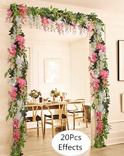 DearHouse 4Pcs 6.6Ft/piece Artificial Flowers Silk Wisteria Garland Artificial Wisteria Vine Rattan Silk Hanging Flower for Home Garden Outdoor Ceremony Wedding Arch Floral Decor (White)