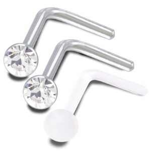 3pcs l shaped nose ring 18g surgical stainless steel and 20g retainer nostril piercing studs jewelry 2.5mm clear crystal