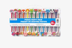 creatology 48 piece pencil party pack! includes 12 colored pencils, 12 no 2 pencils, and 24 fun shaped erasers! perfect back to school item! makes a great gift for an artist!