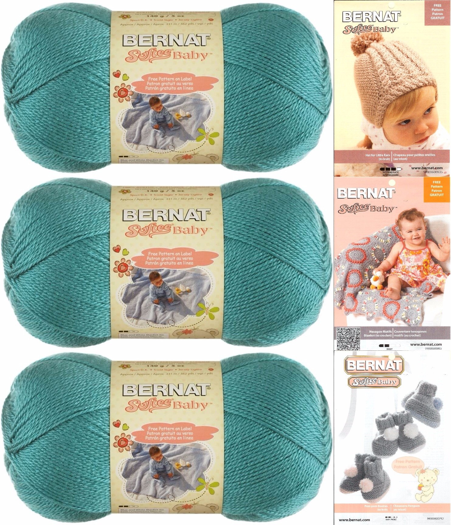 Bernat Softee Baby Yarn 3 Pack Bundle Includes 3 Patterns DK Light Worsted #3