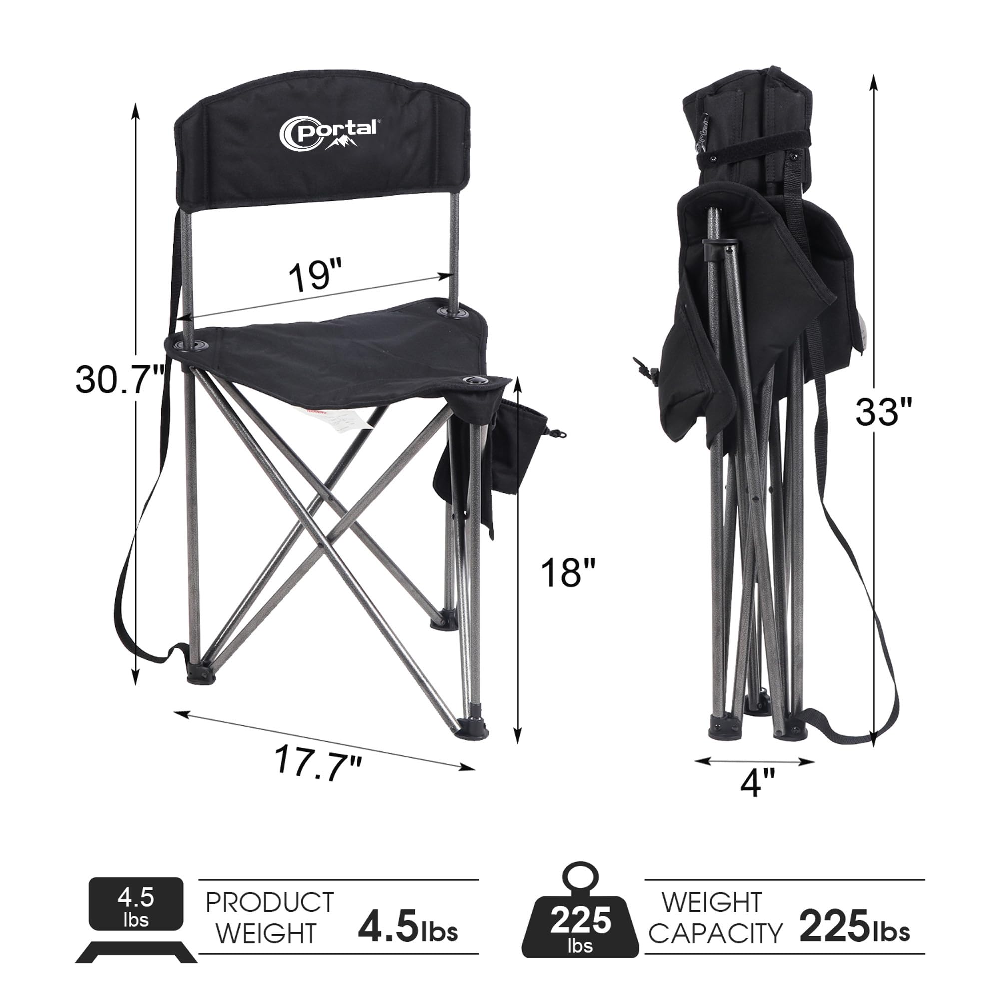 PORTAL Extra Large Quick Folding Tripod Stool with Backrest Fishing Camping Chair with Carry Strap