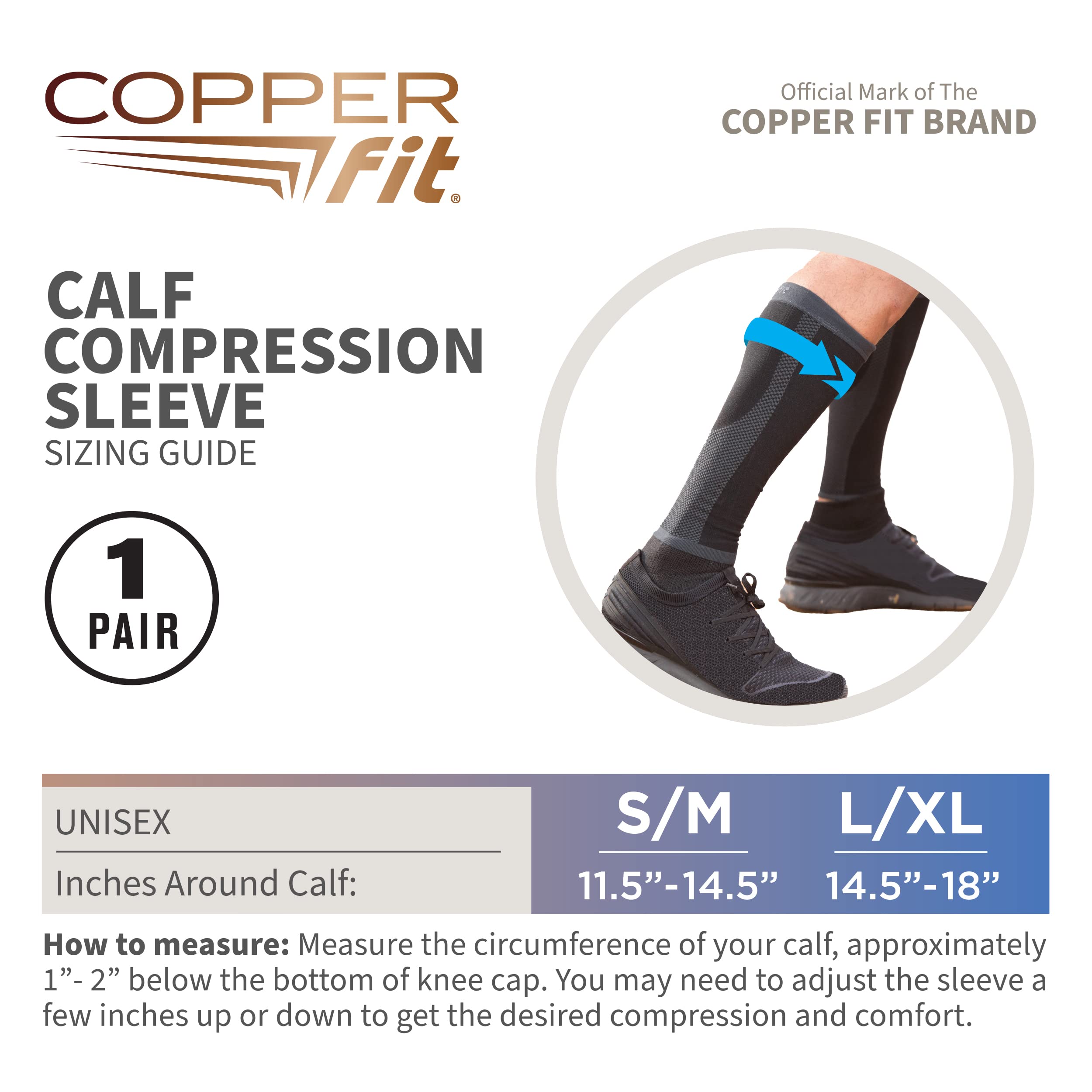 Copper Fit Unisex Adult Copper Infused Compression Calf Sleeves Bandana, Black, Small Medium US