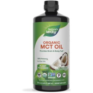 nature's way organic mct oil, 30 fl oz, brain and body fuel from coconuts*, c8 caprylic acid and c10 capric acid, keto and paleo certified, organic, non-gmo project verified (packaging may vary)