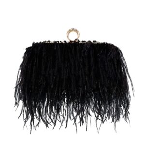 zakia real natural ostrich feather evening clutch shoulder bag party bag (a-black)