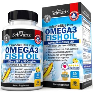 omega 3 fish oil supplement - 1200mg epa and 900mg dha fatty acid per serving - supports joint, eyes, brain & skin health - burpless lemon flavor, gluten-free, 90 softgels (packaging may vary)