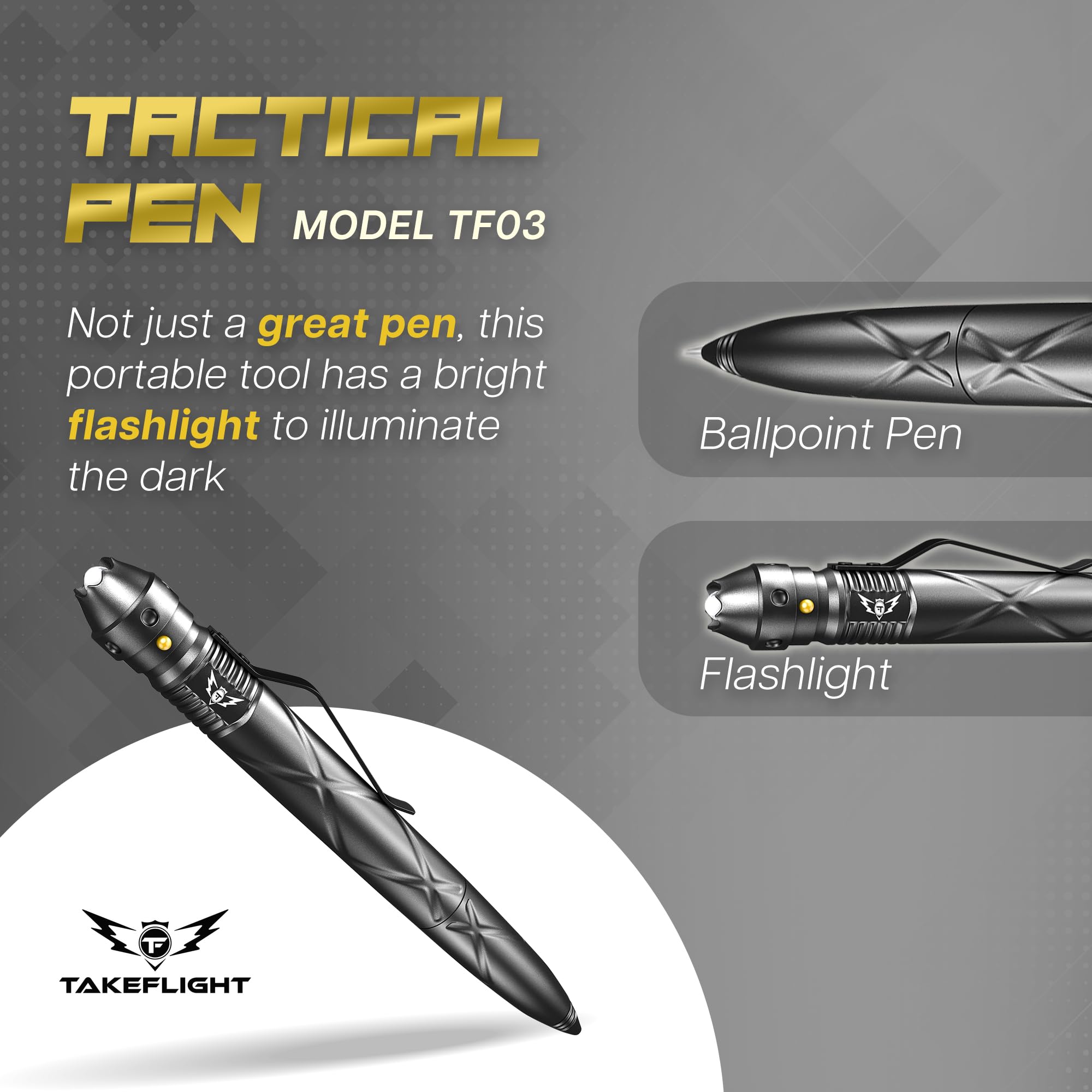 TF TAKEFLIGHT Tactical Pen Multi-Tool - Self Defense, EDC LED Flashlight & Pen - Ideal for Military & Outdoor Survival Gear - Ultimate Gift for Him - Unique Pen Gift for Brother or Dad