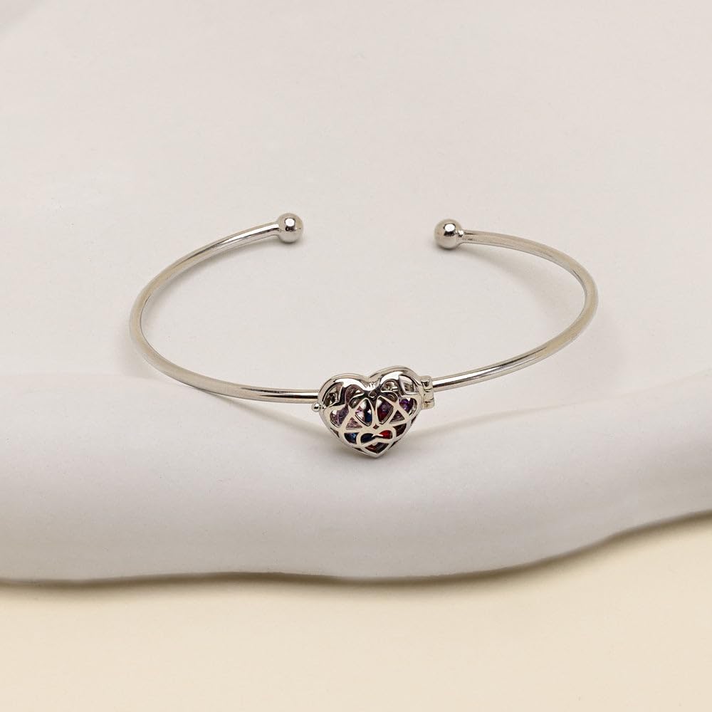 EVE'S ADDICTION Women's Sterling Silver Heart Shaped Birthstone Cuff Bracelet - Personalized Locket Jewelry - Bracelet for Mom - Family Bracelet - Gift for Her - Gifts for Mom