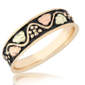 Antiqued with Grape Leaves Band, 10k Yellow Gold, 12k Green and Rose Black Hills Gold Size 8