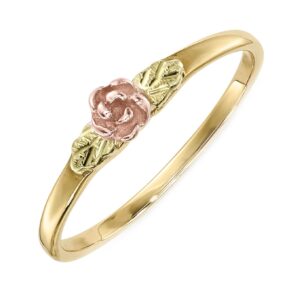 blooms rose flower petite ring, 10k yellow gold, 12k green and rose black hills gold size 6.75