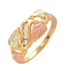 4-stone diamond and grape leaf ring, 10k yellow gold, 12k pink and green black hills gold size 7