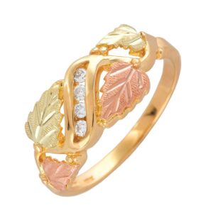 4-Stone Diamond and Grape Leaf Ring, 10k Yellow Gold, 12k Pink and Green Black Hills Gold Size 7