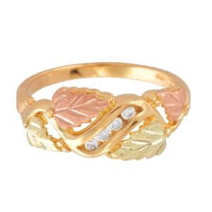 4-Stone Diamond and Grape Leaf Ring, 10k Yellow Gold, 12k Pink and Green Black Hills Gold Size 7