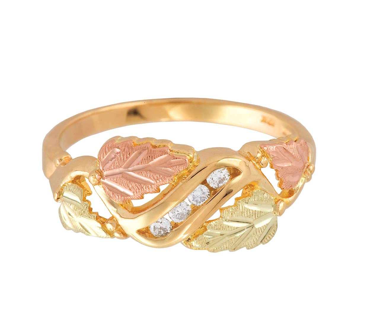 4-Stone Diamond and Grape Leaf Ring, 10k Yellow Gold, 12k Pink and Green Black Hills Gold Size 7