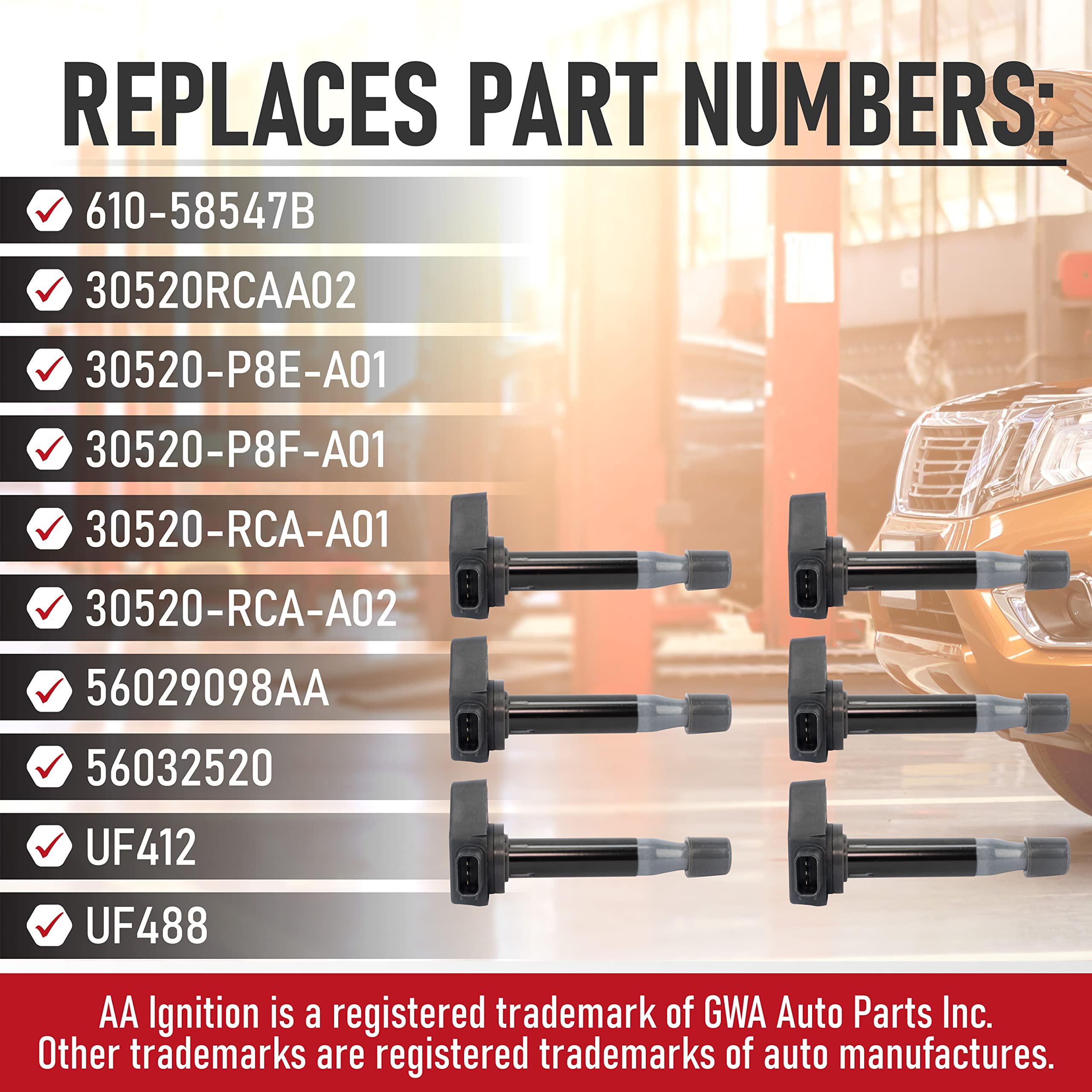 Ignition Coil Pack Set of 6 - Compatible with Honda, Acura, Saturn Vehicles - TL 3.2 V6 1999-2008 - CL, RL 2005-2011 - Odyssey 1999-2010 - Accord V6 - Replaces 610-58547B, 30520-RCA-A02