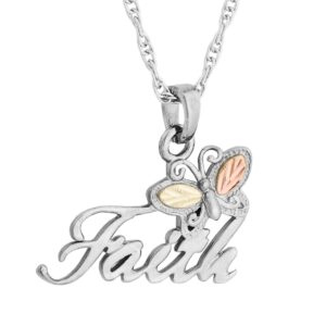 faith' text with butterfly pendant necklace, sterling silver, 12k green and rose gold black hills gold motif, 18"