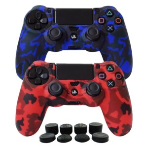 hikfly silicone gel controller cover skin protector compatible for sony playstation 4 ps4/ps4 slim/ps4 pro controller (2x controller camouflage cover with 8 x fps pro thumb grip caps)(red,blue)