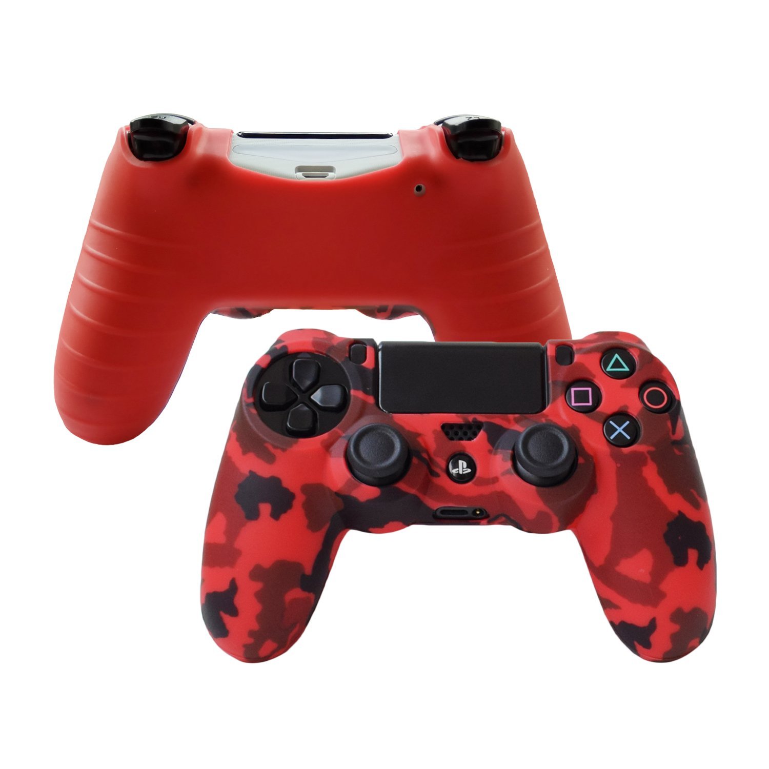 Hikfly Silicone Gel Controller Cover Skin Protector Compatible for Sony PlayStation 4 PS4/PS4 Slim/PS4 Pro Controller (2X Controller Camouflage Cover with 8 x FPS Pro Thumb Grip Caps)(Red,Blue)