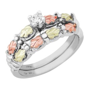 cz wedding and engagement ring set, sterling silver, 12k green and rose gold black hills gold motif, size 9