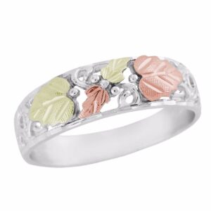 diamond-cut, frosty leaf wedding ring, sterling silver, 12k green and rose gold black hills gold motif, size 6.5