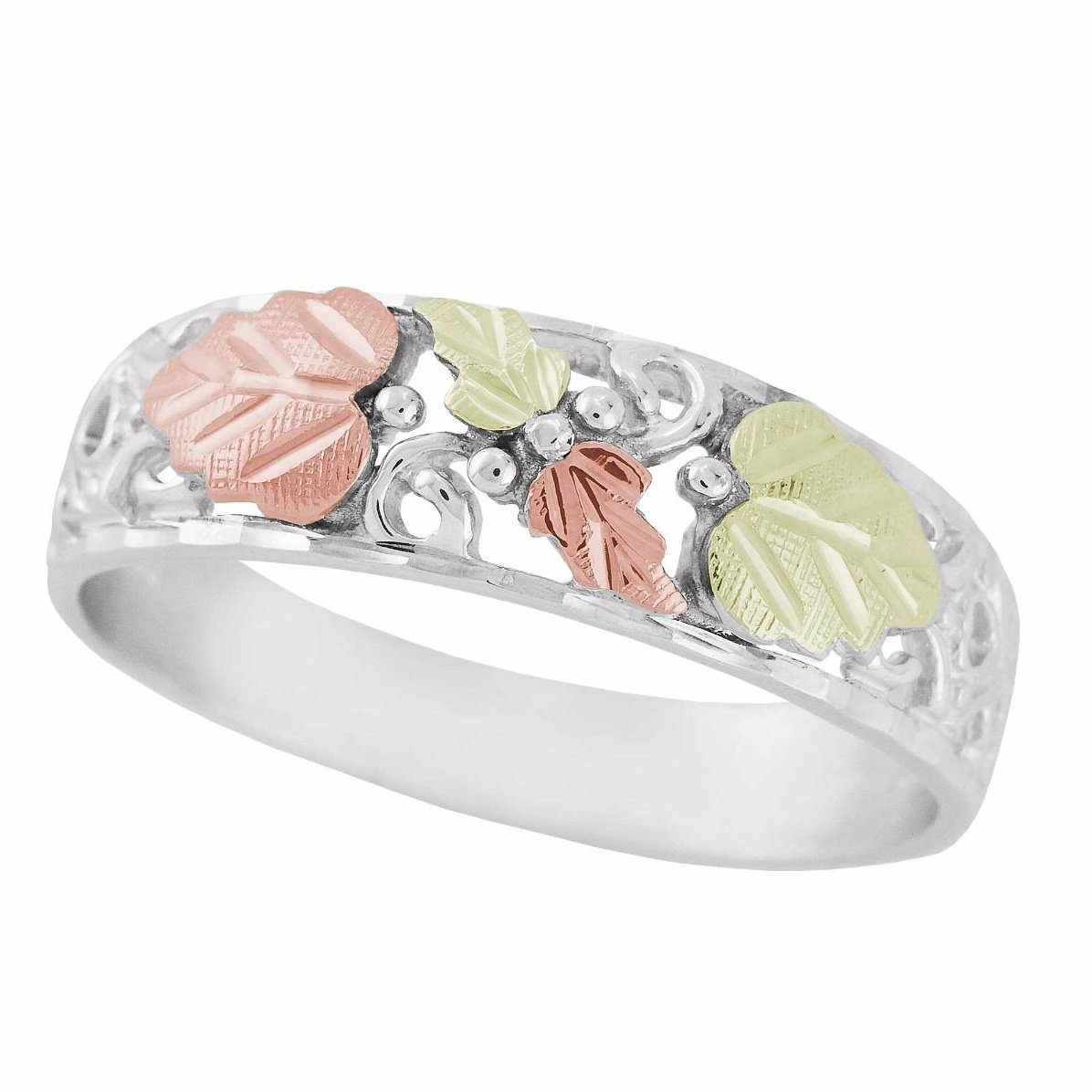 Diamond-Cut, Frosty Leaf Wedding Ring, Sterling Silver, 12k Green and Rose Gold Black Hills Gold Motif, Size 6.5