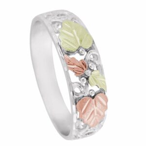 Diamond-Cut, Frosty Leaf Wedding Ring, Sterling Silver, 12k Green and Rose Gold Black Hills Gold Motif, Size 6.5