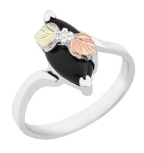 slim-profile marquise onyx bypass ring, sterling silver, 12k green and rose gold black hills gold motif, size 9.5